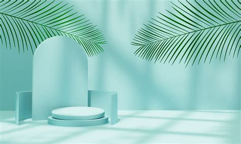 파스텔 블루 연단은 야자수 잎 요소 그늘 및 자연 채광과 제품 프리젠 테이션3d 렌더링 일러스트레이션 0명에 대한 스톡 사진 및 기타 이미지 Istock