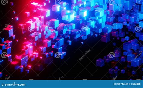 Abstract Technology Background With 3d Cubes In Space Purple Blue Neon Glowing Cubes On Black