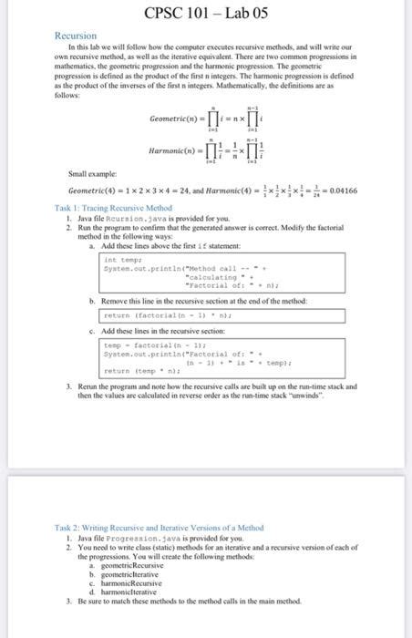 Solved Cpsc 101 Lab 05 Recursion In This Lab We Will