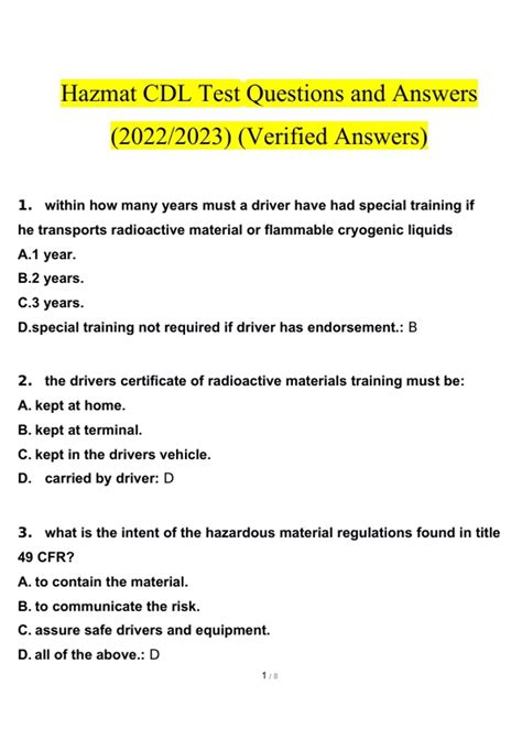 Hazmat Cdl Test Questions And Answers Latest [100 Correct Answers] Hazmat Stuvia Us