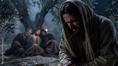 A Man Jesus Christ Praying In Gethsemane Garden With His Disciples