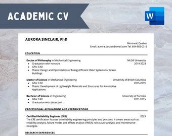 Academic CV Template Curriculum Vitae For Professionals Includes Cover Letter And Tips Etsy