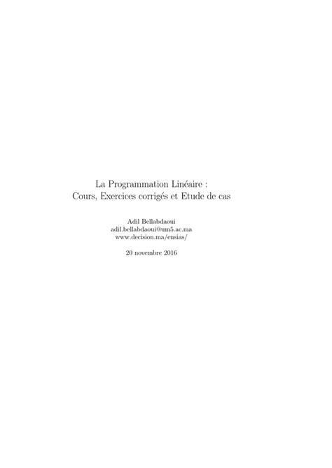 La Programmation Linéaire Cours Exercices Corrigés Et Etude De