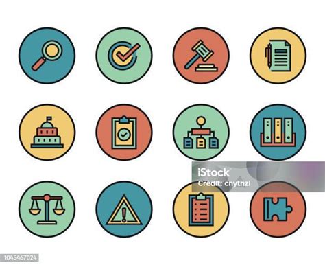 준수의 라인 아이콘 세트입니다 현대 컬러 플랫 디자인 선형 그림 컬렉션입니다 스트로크 기호 팩의 벡터 개념을 설명 합니다 프리미엄 품질 웹 그래픽 자료입니다 법에 대한 스톡