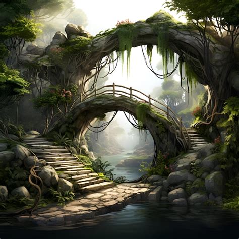 Premium Photo Fantasy Landscape With Bridge In The Forest 3d Illustration