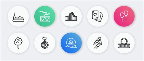 라인 서커스 텐트 리본이 달린 풍선 솜사탕 불꽃놀이 로켓 카드 놀이 롤러코스터 외발자전거 아이콘을 설정합니다 벡터 1에 대한 스톡 벡터 아트 및 기타 이미지 Istock