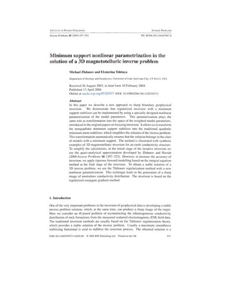 Pdf Minimum Support Nonlinear Parametrization In The Solution Of A 3d Magnetotelluric Inverse