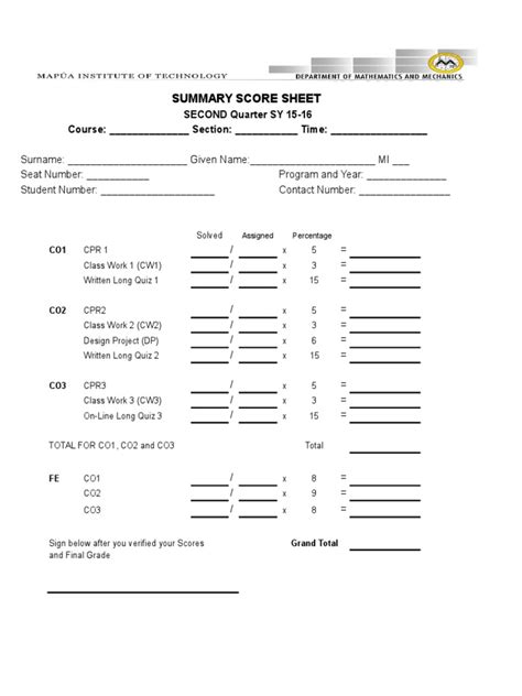 Summary Score Sheet Second Quarter Sy 15 16 Course Section Time Pdf