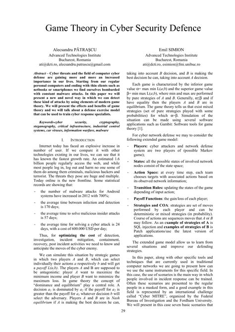 Pdf Game Theory In Cyber Security Defence