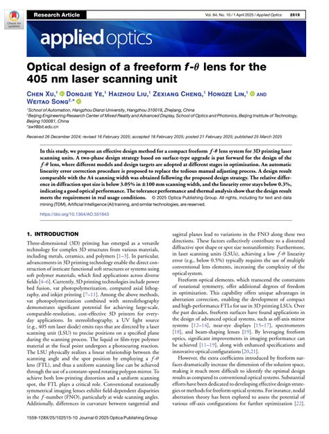 Optical Design Of A Freeform F θ Lens For The 405 Nm Laser Scanning Unit