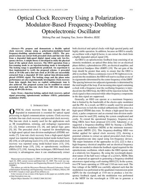 Pdf Optical Clock Recovery Using A Polarization Modulator Based