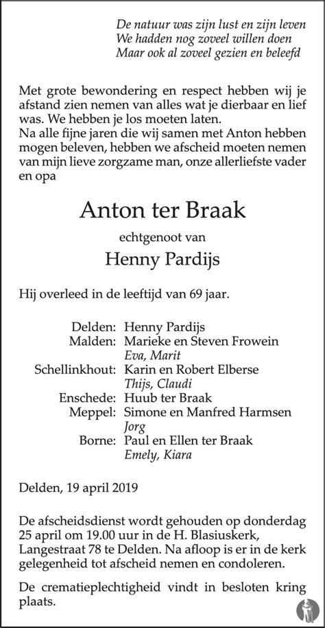 Anton Ter Braak Overlijdensbericht En Condoleances Mensenlinq Nl