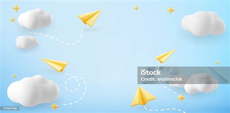 하늘 흐린 배경에 3d 비행 노란색 종이 비행기 공중에 3d 벡터 만화 비행기 개념에 대한 스톡 벡터 아트 및 기타 이미지 개념 고립 색상 공항 Istock