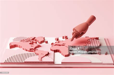 파스텔 핑크 톤의 기하학적 모양 플랫폼의 인간의 손 개념 추상적 인 구성과 세계지도 3d 렌더링 0명에 대한 스톡 사진 및 기타 이미지 Istock