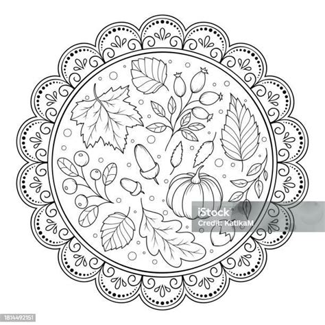 가을 테마의 둥근 그림 호박 나뭇잎 과일 도토리 성인과 어린이를 위한 착색 안티 스트레스 흑백의 낙서 장식 손으로 벡터 그림을 그립니다 0명에 대한 스톡 벡터 아트 및 기타