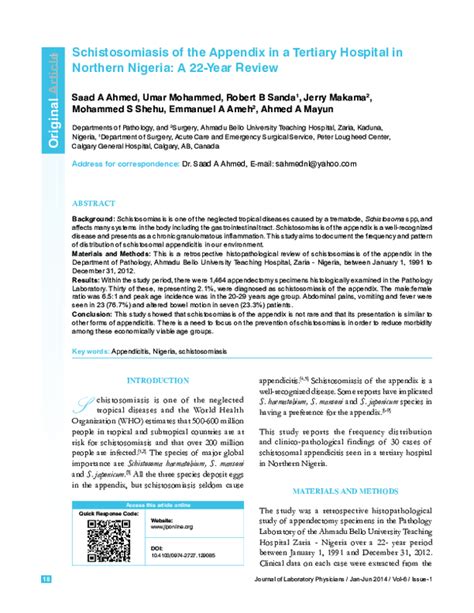 Pdf Schistosomiasis Of The Appendix In A Tertiary Hospital In