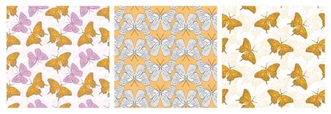 나비 잉크 라인 벡터 완벽 한 패턴 세트 배경 섬유 직물 벽지 스크랩북 표면 디자인을 위해 그림을 그리는 날개가 있는 곤충 개체 그룹에 대한 스톡 벡터 아트 및 기타 이미지