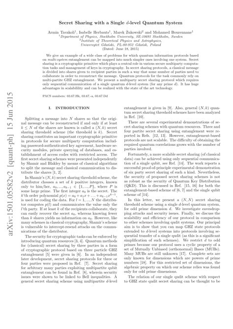 Pdf Quantum Secret Sharing With A Single D Level System