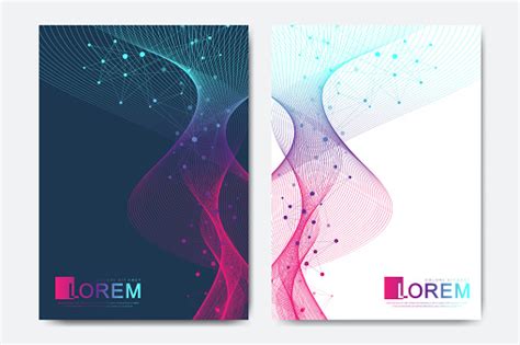 브로셔 전단지 전단지 커버 A4 크기의 카탈로그를위한 현대적인 벡터 템플릿 Dna 나선 Dna 가닥 분자 또는 원자 뉴런 Wawe 흐름 연결된 점 및 라인을 갖춘 헬스케어