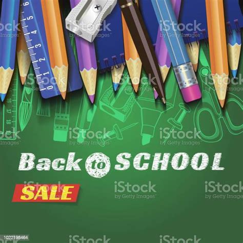 다시 학교 배너 공급 도구와 서식 파일이입니다 텍스트에 대 한 장소입니다 텍스트에 대 한 장소입니다 현실적인 3d 벡터 레이어 3차원 형태에 대한 스톡 벡터 아트 및 기타