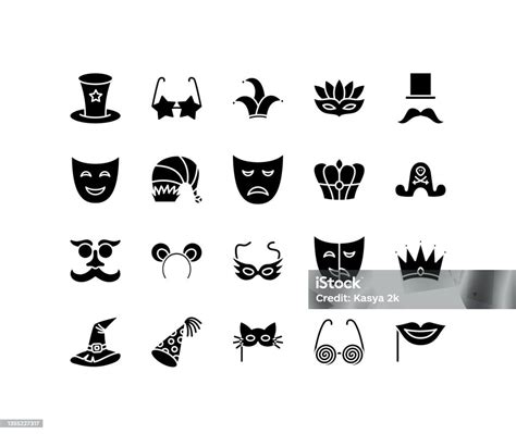 카니발 마스크 플랫 라인 아이콘 세트 깃털 가면 파티 마스크 토끼 귀 웃는 입술 공주 크라운 웹 사이트 또는 모바일 앱에 대한