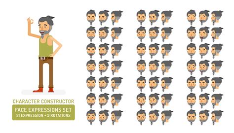 탱크 톱 셔츠 캐릭터 얼굴 식에서 성인 Hipster 남자 플랫 스타일에서 설정 하는 영 벡터 앞 반 측면 측면 보기 감정에