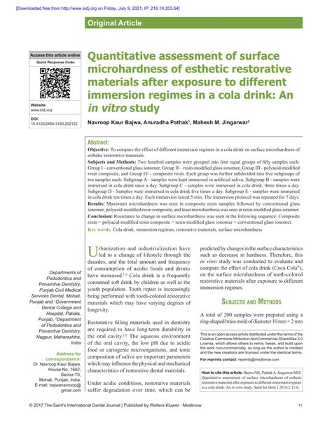 Pdf Quantitative Assessment Of Surface Microhardness Of Esthetic Restorative Materials After
