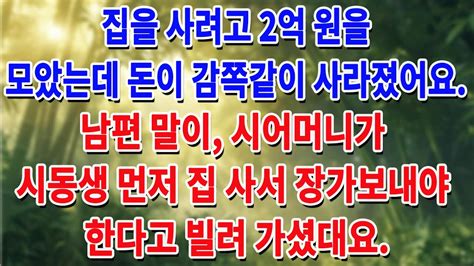 집 사려고 2억 원을 모았는데 돈이 감쪽같이 사라졌다 남편 왈 우리 엄마가 내 동생 먼저 집 사서 장가보내야 한다고 빌려 갔어사이다사연감동사연라디오 드라마