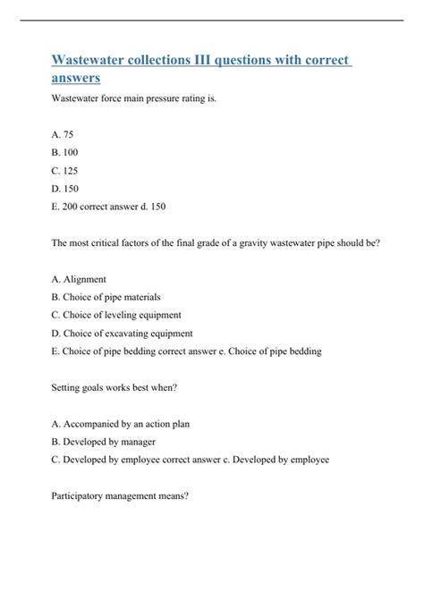 Wastewater Collections Iii Questions With Correct Answers Water