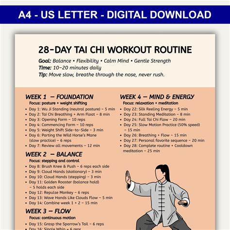 Printable 28 Day Tai Chi Workout Routine Tai Chi Workout Chart Tai