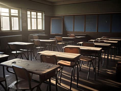 Premium Ai Image A Classroom With A Desk And A Window With A Chalkboard Behind It