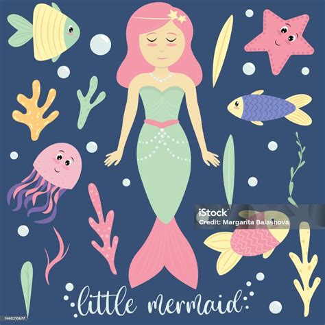 인어 공주와 해양 주민 물고기 문어 불가사리 해초분홍색 노란색 라일락 녹색 어린이 벡터 요소 세트 만화 파란색 배경에 평면