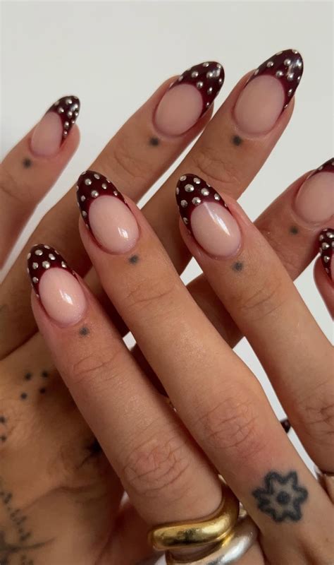 Chrome Polka Dot Burgundy French Tip Autumn Nails
