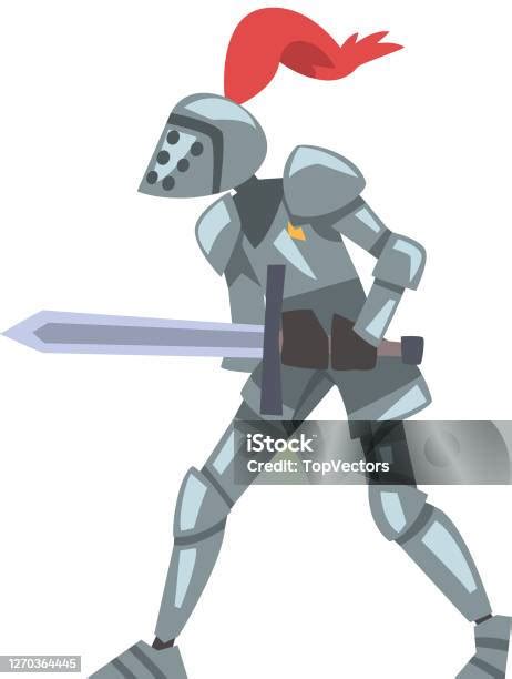 중세 기사 전체 금속 몸 갑옷 싸움 칼 만화 스타일 벡터 일러스트에서 기병 전사 캐릭터 강철에 대한 스톡 벡터 아트 및 기타