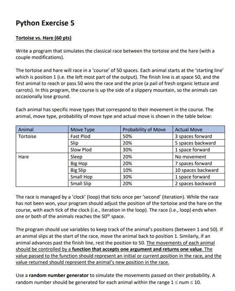 Solved Python Exercise 5 Tortoise Vs Hare 60 Pts Write A