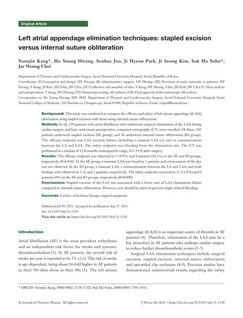 Pdf Left Atrial Appendage Elimination Techniques Stapled Excision Versus Internal Suture