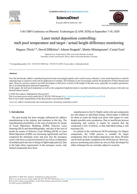 Pdf Laser Metal Deposition Controlling Melt Pool Temperature And Target Actual Height