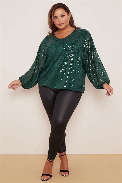 Plus Size Green Sequin Long Sleeve Top Praslin Clothing