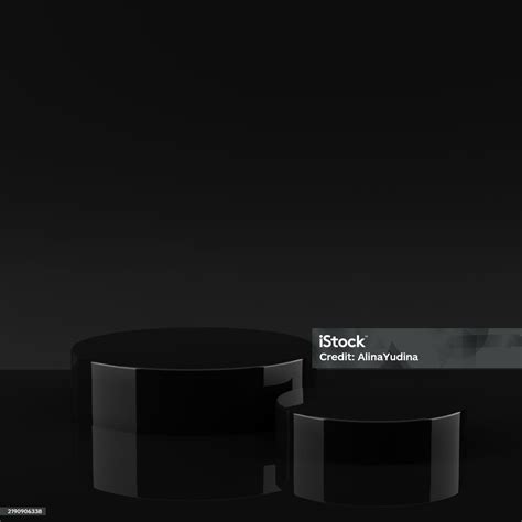 두 개의 검은 광택 광택 플라스틱 연단 모형이 있는 축제 검은 추상 무대 템플릿 3d 일러스트 레이 션 절묘한 풍부한 프리젠 테이션 화장품 상품 광고 판매에 대 한 새해