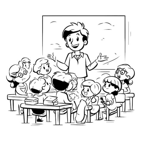 Black And White Cartoon Illustration Of Elementary School Teacher