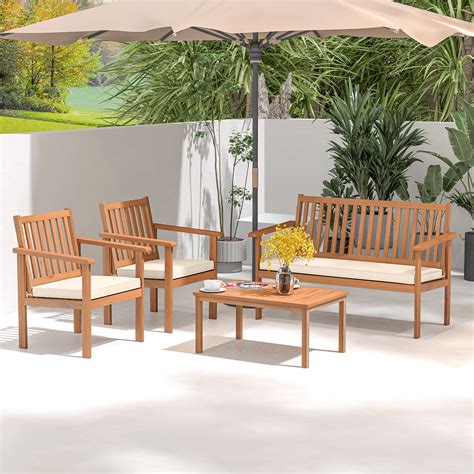 Acacia Wood Patio Furniture Set Loveseat Chairs Coffee Table