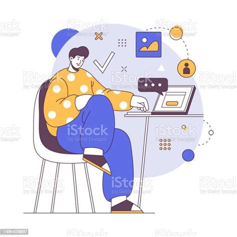 노트북 전문 프로그래머 기업가 또는 원격 온라인 작업 관리자 평면 만화 캐릭터 작업을 하는 프리랜서 직장에서 편안한 사람