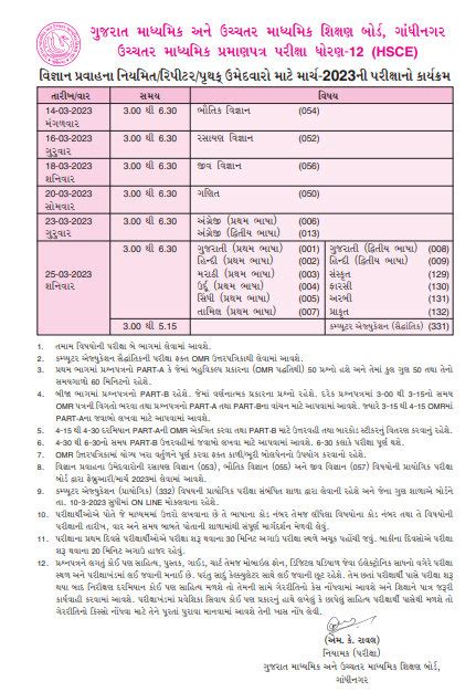 GSEB HSC Time Table Gujarat Th Class Arts Science Commerce Exam Date