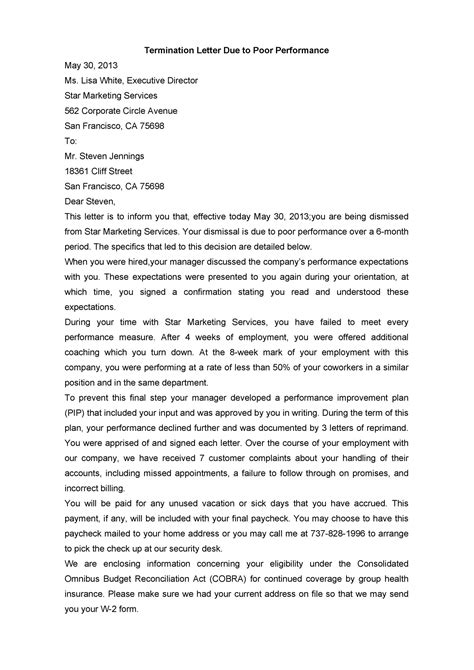 Employee Termination Letter Due To Poor Performance Template