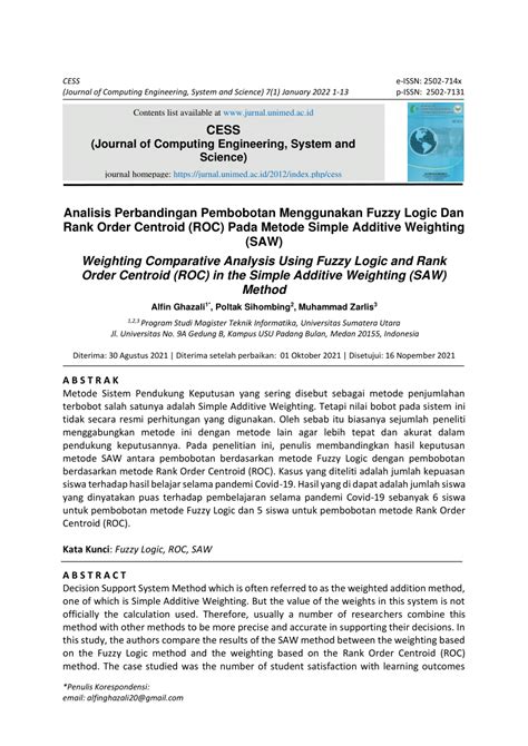 Pdf Weighting Comparative Analysis Using Fuzzy Logic And Rank Order Centroid Roc In The