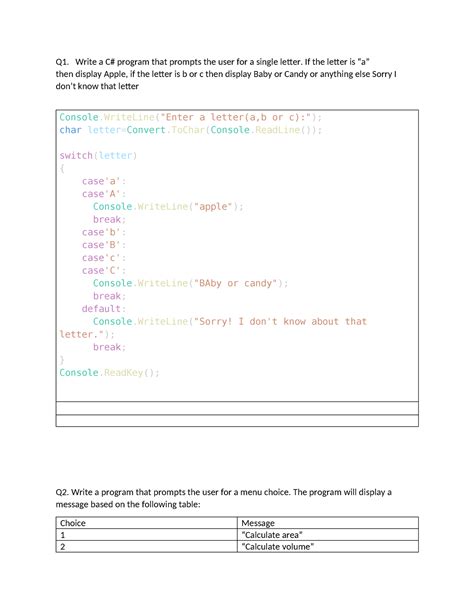 Switch Assignment Q1 Write A C Program That Prompts The User For A Single Letter If The