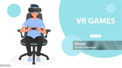 Vr 게임 배너 게이머는 의자에 앉아 비디오 게임을하고 Vr 헤드셋을 사용 가상 또는 증강 현실 안경을 착용한 청년 Brand Name Video Game에 대한 스톡 벡터