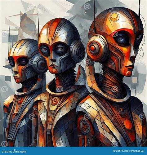Digital Illustration Of A Group Of Robots In Front Of An Abstract Background Stock Illustration