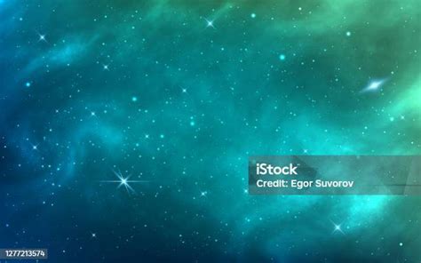 공간 배경입니다 녹색 사실적인 코스모스 텍스처 은하와 색빛나는 별 마법의 별이 빛나는 성운 밝은 스타 더스트 추상 우주 벽지 벡터 일러스트레이션 우주에 대한 스톡 벡터 아트