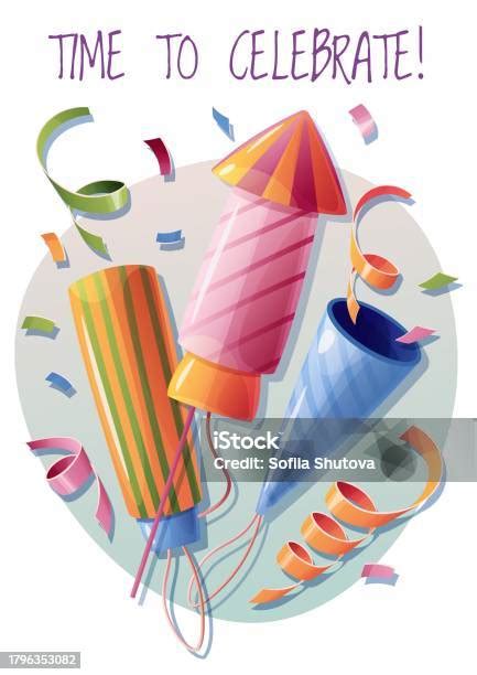 생일 인사말 카드 템플릿입니다 배너 크래커 불꽃놀이 뱀 모양 색종이 조각이 있는 전단지 축하 할 시간 휴일 기념일 파티를 위한 초대장 디자인 공휴일에 대한 스톡 벡터 아트